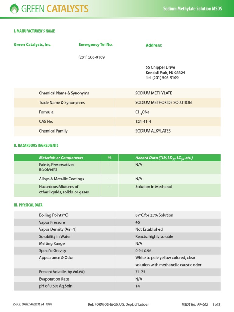 Sodium Methylate-Msds Green Catalysts | PDF | Solution | Sodium