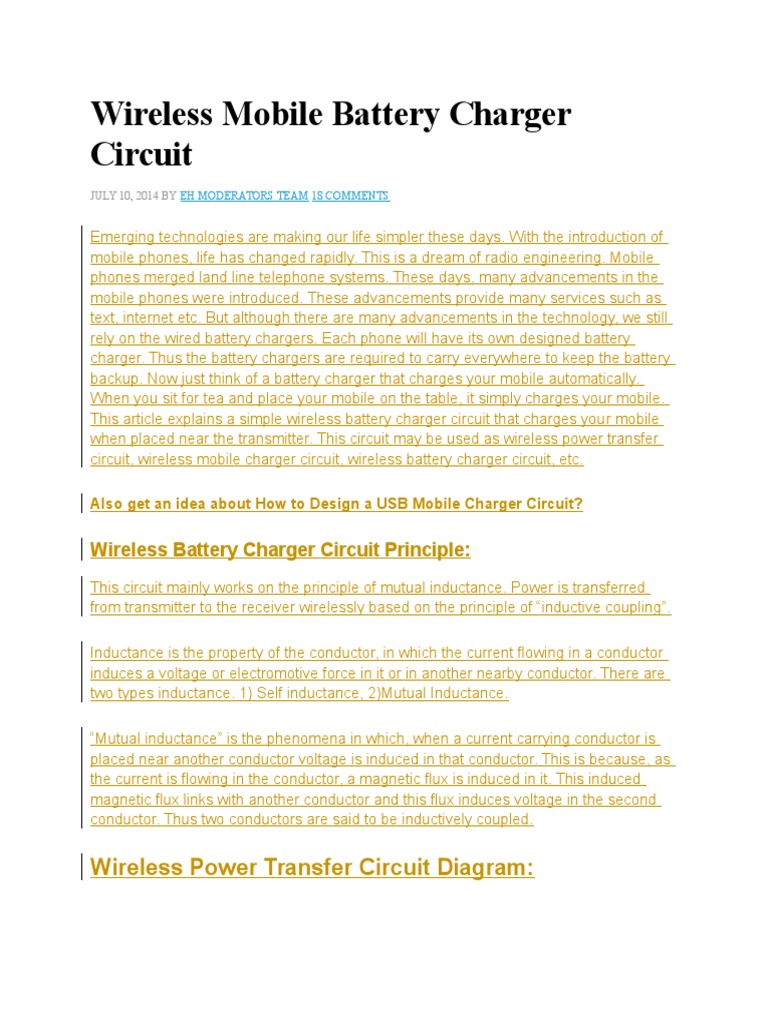 Wireless Mobile Battery Charger Circuit | PDF | Inductor | Field Effect ...