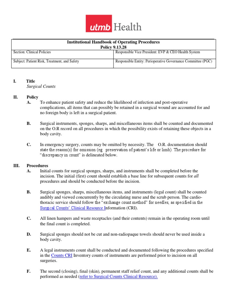 Surgical Count Procedures and Guidelines | PDF | Surgical Suture | Surgery