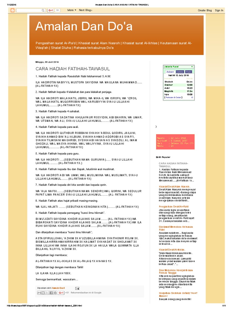 Amalan Dan Do'A - Cara Hadiah Fatihah-Tawasul | PDF