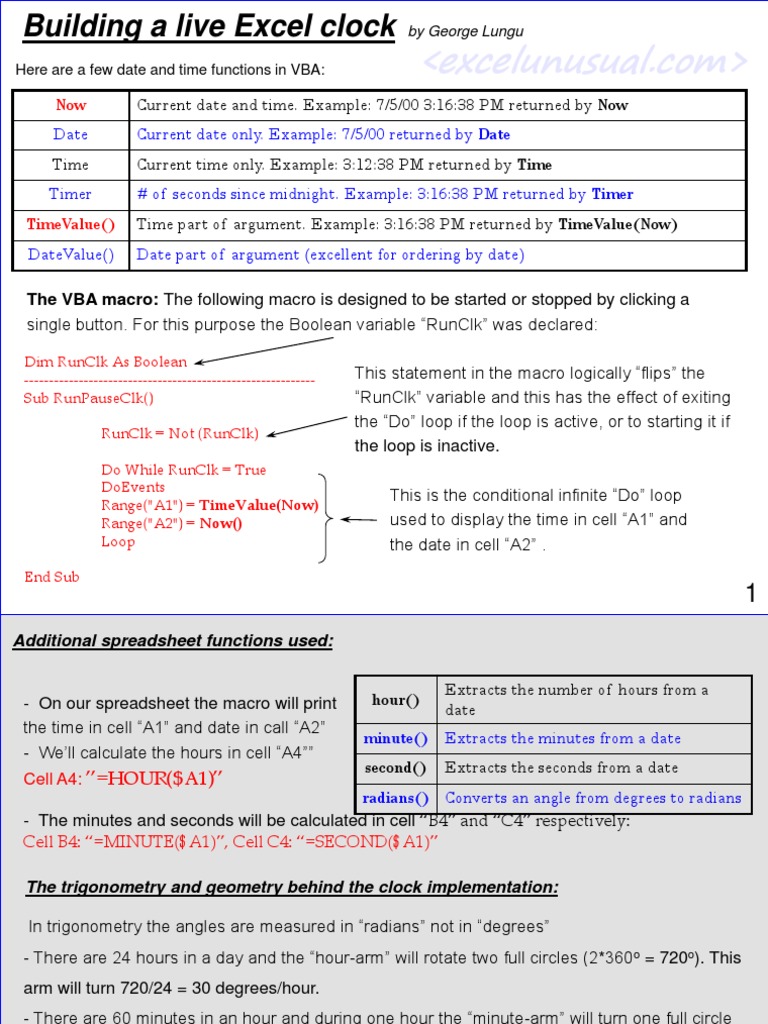 Build a Live Excel Clock in VBA with Formulas & Charts | PDF | Angle ...