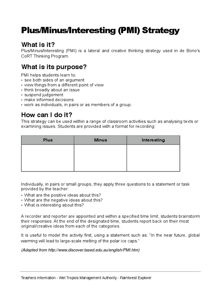 Plus/Minus/Interesting (PMI) Strategy: What Is It? | PDF
