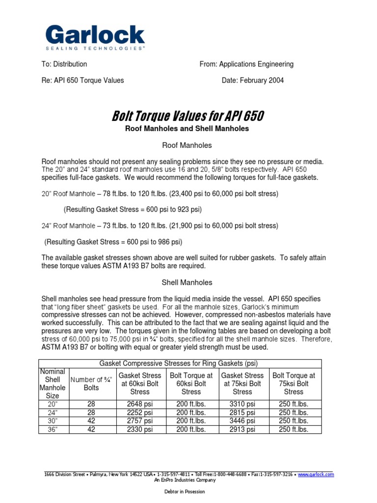 API 650 Manhole Torque Values PDF | PDF