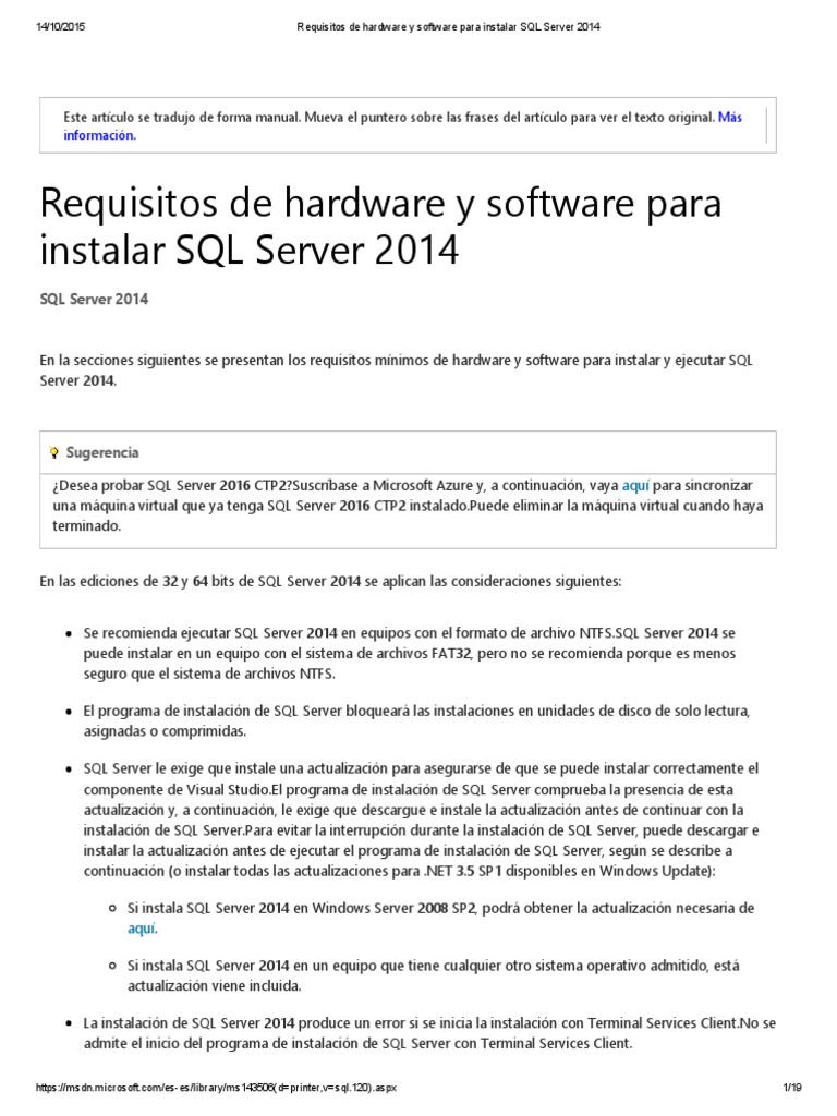 Requisitos De Hardware Y Software Para Instalar Sql Server 2014 Pdf
