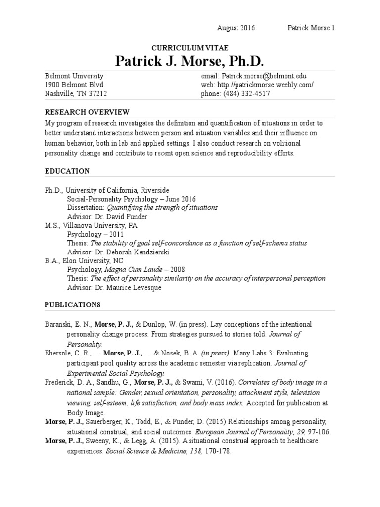 Patrick Morse CV August 2016 | PDF | University Of California | Social Psychology