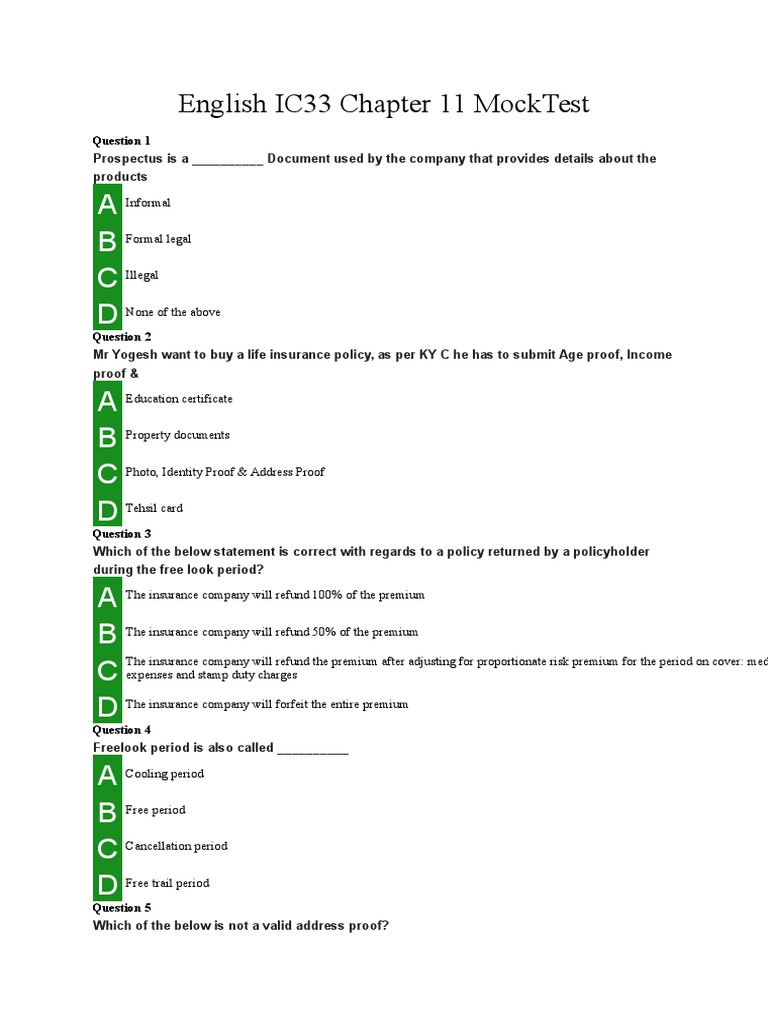 IC 33 Mock Test | PDF | Assignment (Law) | Insurance