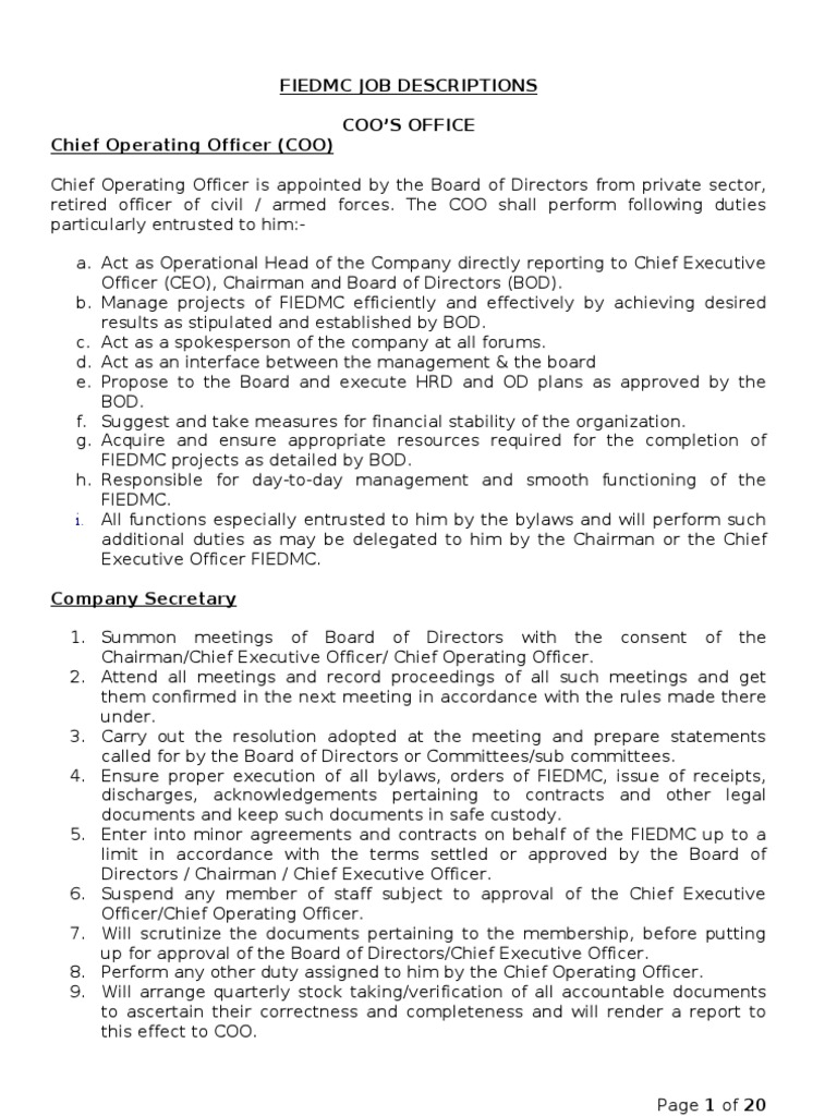 Job Descriptions Management & Staff | Chief Operating Officer | Cheque