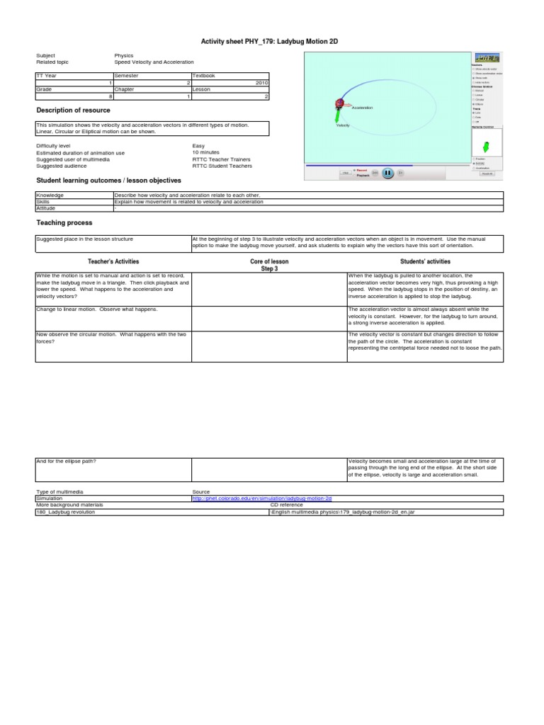 Ladybug Motion 2D Activity Sheet Explains Velocity and Acceleration ...