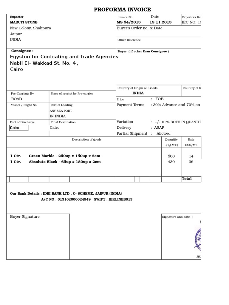 Proforma Invoice for Marble Export | PDF | Business