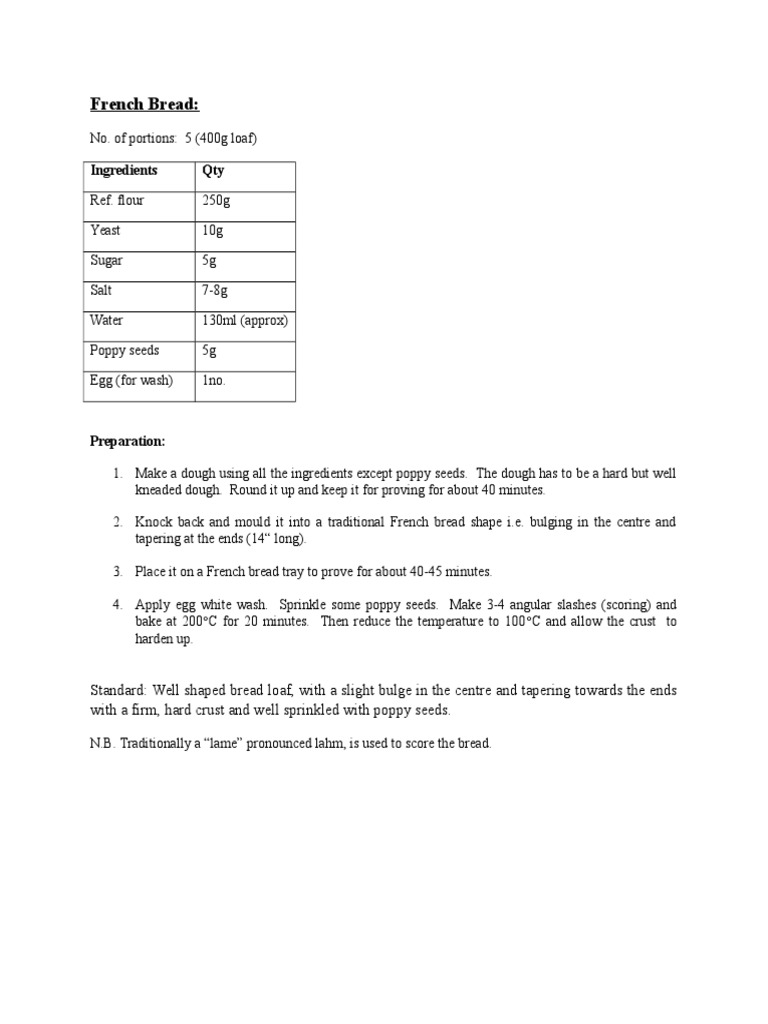 French Bread Ingredients and Recipe | PDF