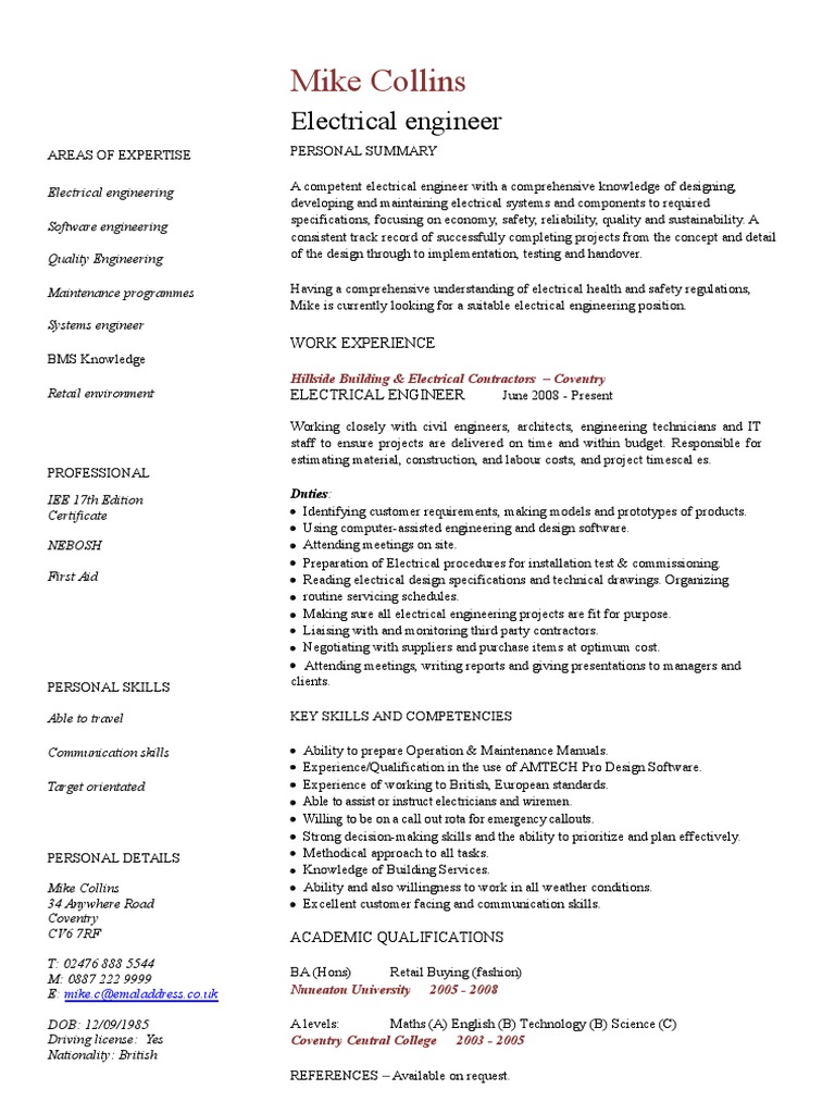 Electrical Engineer CV Template | PDF | Engineering | Specification ...