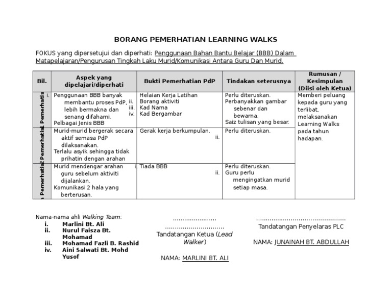 Borang Pemerhatian Learning Walks | PDF | Ilmu Sosial | Seni