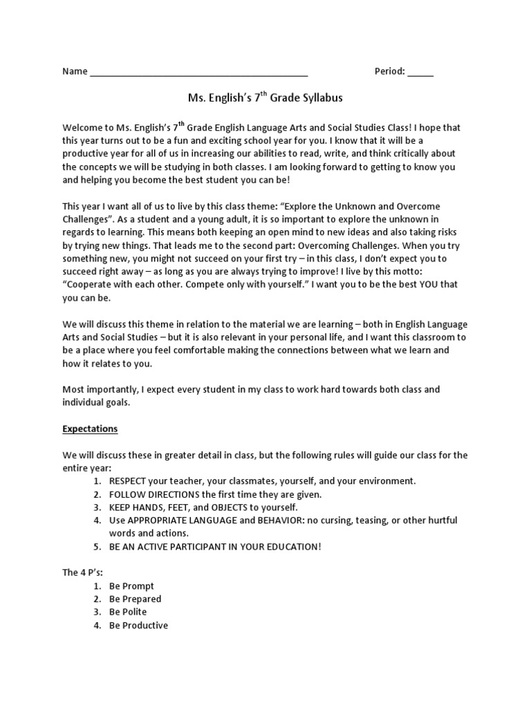 Ms. English's 7 Grade Syllabus: Expectations | PDF | Educational ...