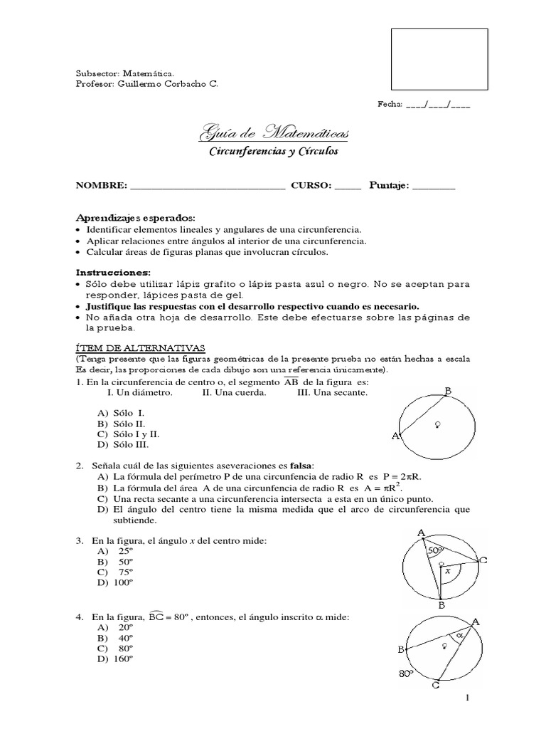 Guía 1 Circunferencias y Círculos | PDF | Circulo | Lápiz