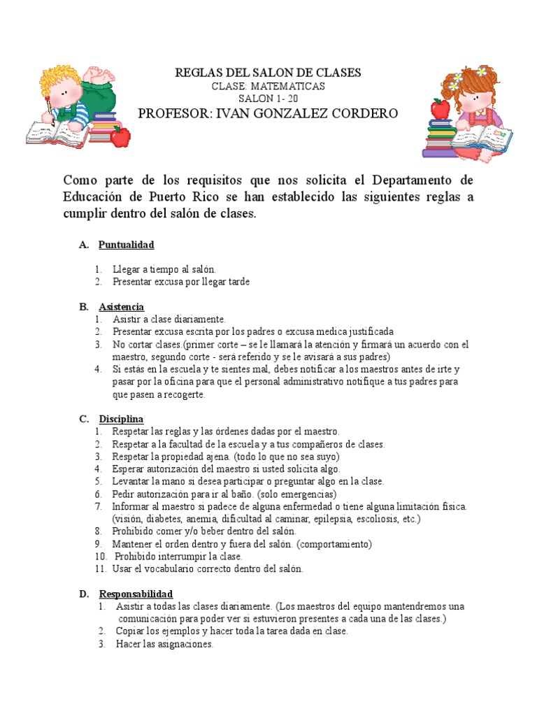 Reglas del Salón de Clases de Matemáticas | PDF | Salud y bienestar