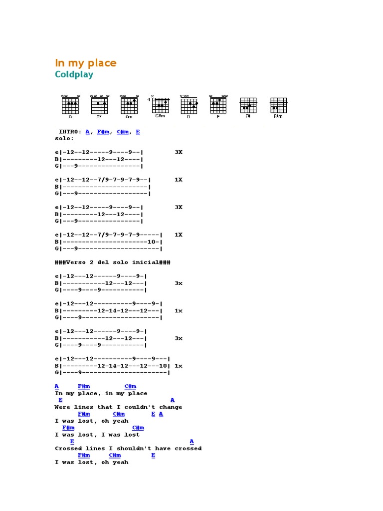 Coldplay Song Chord Progression and Lyrics for 'In My Place' | PDF