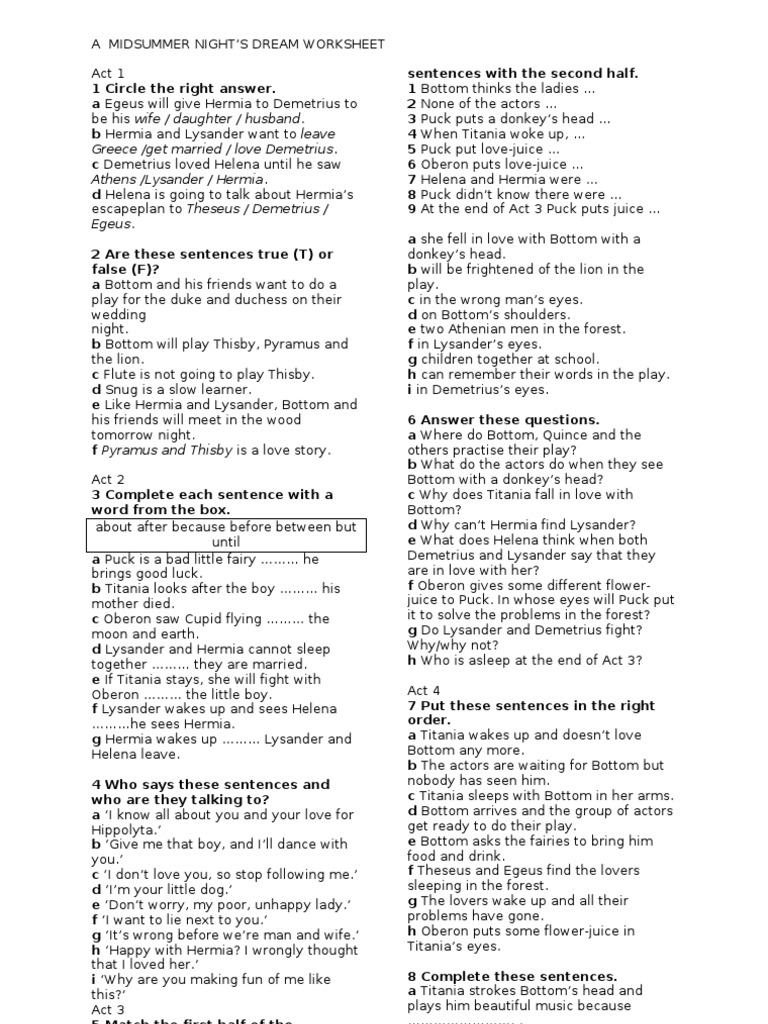 A Midsummer Night's Dream Worksheet | PDF | A Midsummer Night's Dream ...