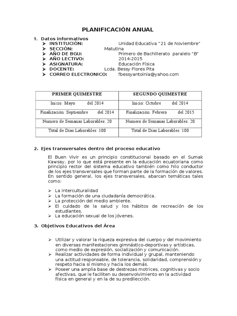 Planificación Anual Educacion Fisica Primero Bachillerato | PDF | Natación humana | Educación Física