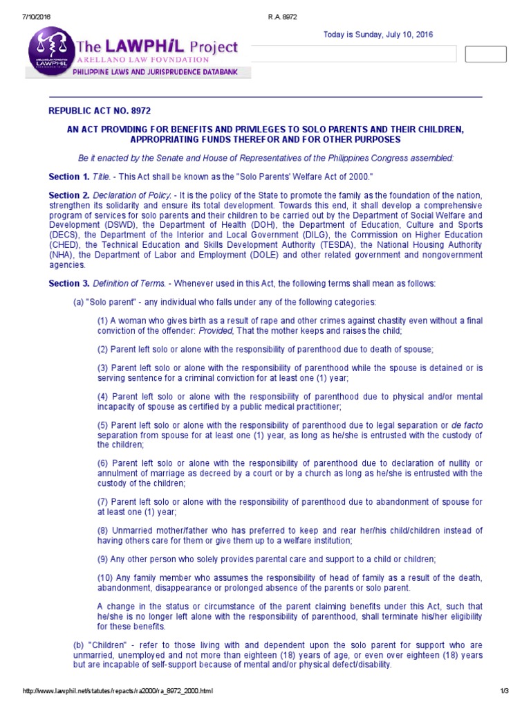 RA 8972 Parental Leave Act | PDF | Welfare | Child Custody