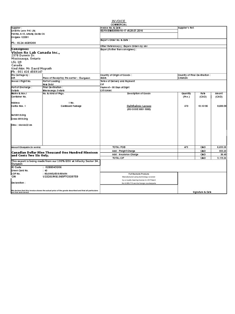 Vision RX Lab Canada Inc.,: Invoice | PDF