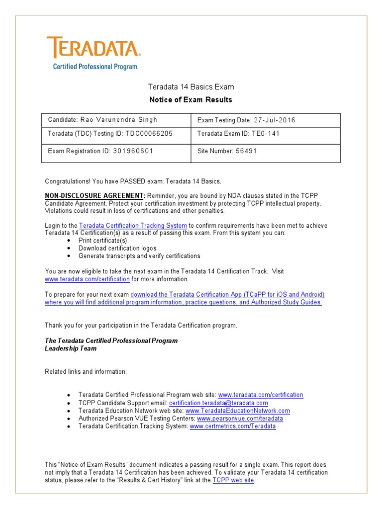 Teradata 14 Basics Exam: Notice of Exam Results | PDF