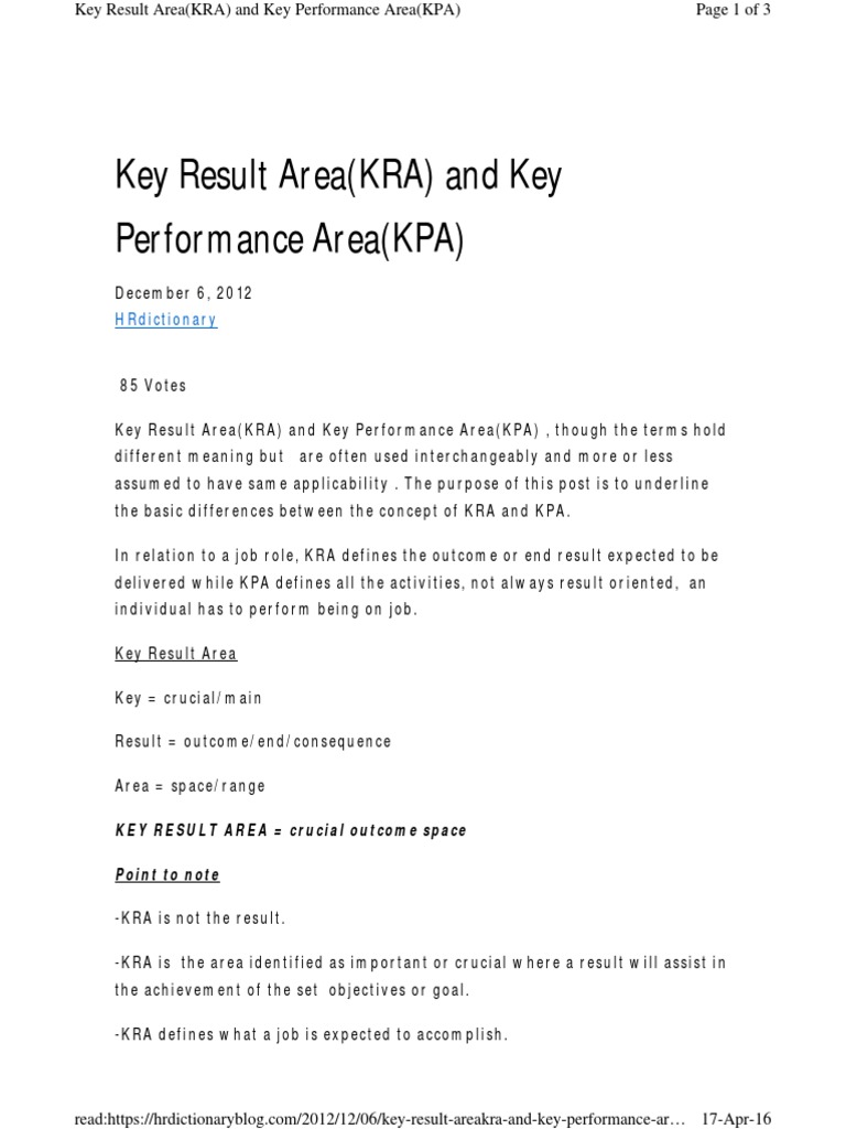 Key Result Area (KRA) and Key Performance Area (KPA) PDF | PDF ...