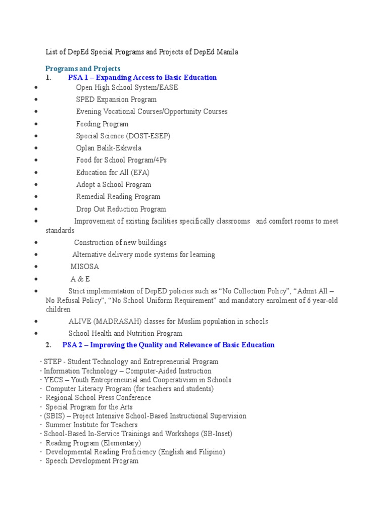 Sample Special Programs and Projects of DepEd | PDF | Teachers ...