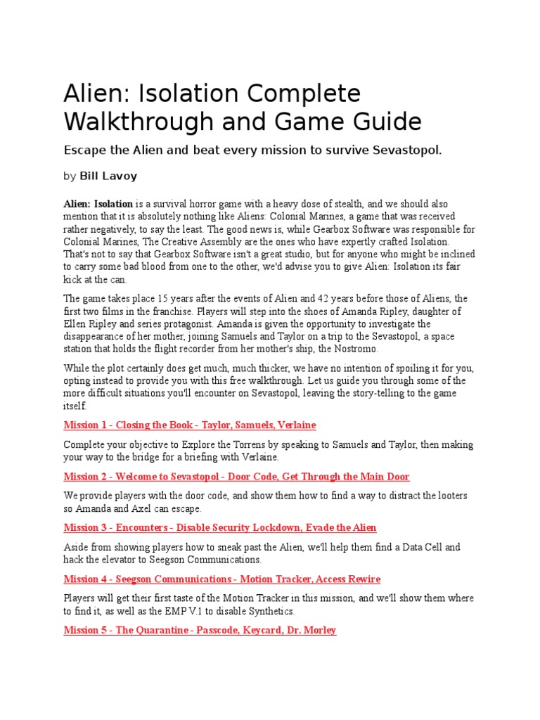 Alien Isolation Complete Walkthrough and Game Guide | PDF