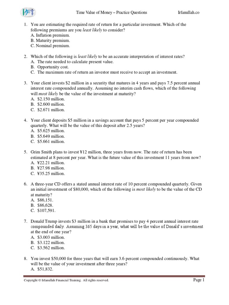 R05 Time Value Of Money Practice Questions Present Value Time Value
