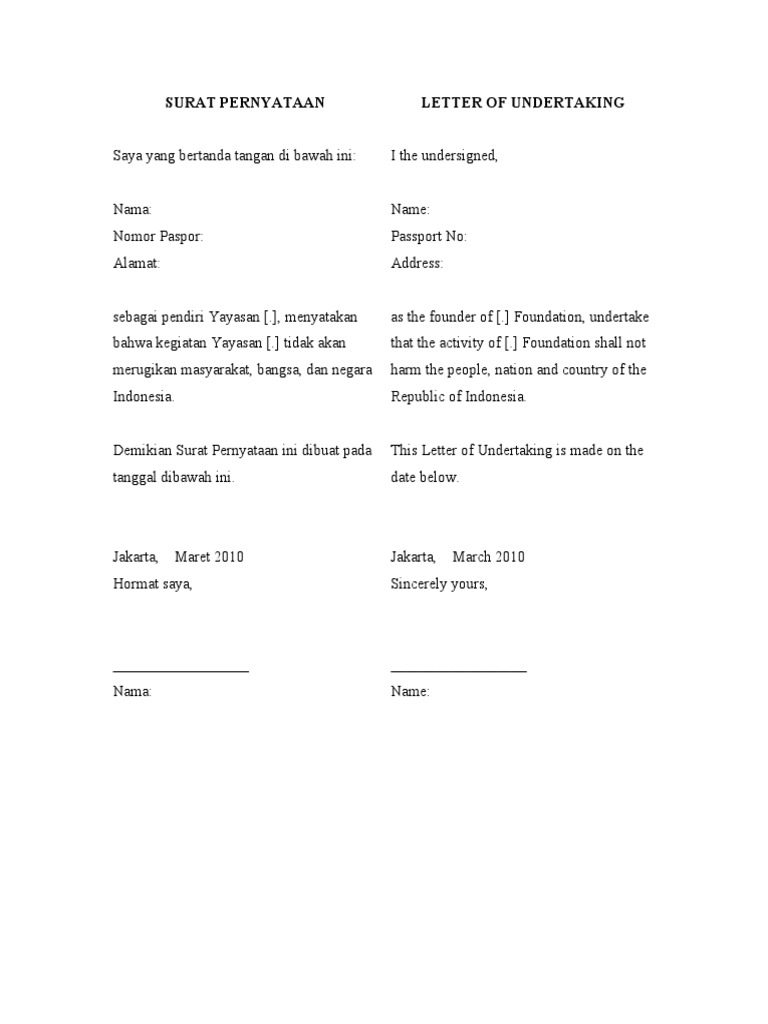 Surat Pernyataan Untuk Orang Asing Pendiri Yayasan (Bilingual) | PDF