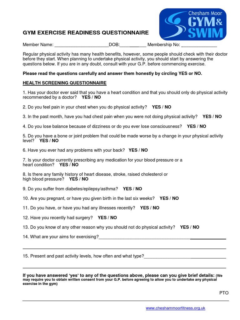 Exercise Readiness Questionnaire | PDF | Physical Exercise ...