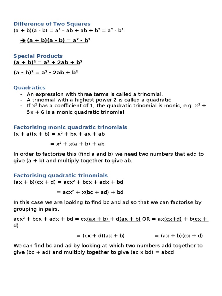 Quadratics Quick Summary | PDF | Teaching Methods & Materials