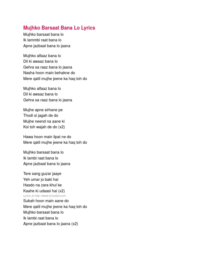 Mujhko Barsaat Bana Lo Lyrics | PDF