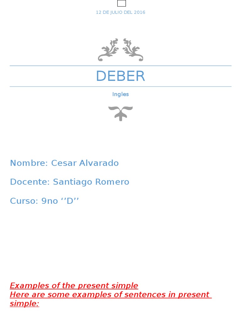 Deber: Nombre: Cesar Alvarado Docente: Santiago Romero Curso: 9no 'D'' | PDF