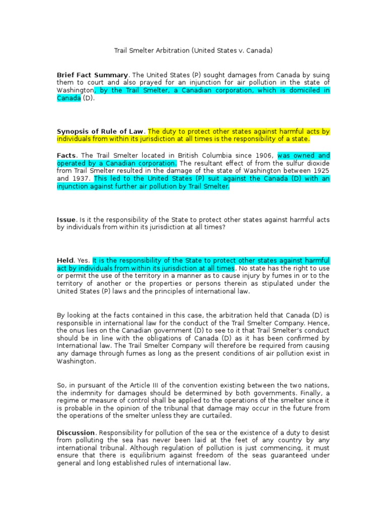 Trail Smelter Arbitration Case Brief | PDF | Lawsuit | Jurisdiction
