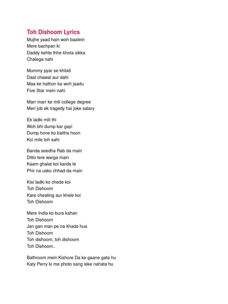 Toh Dishoom Lyrics | PDF | Art