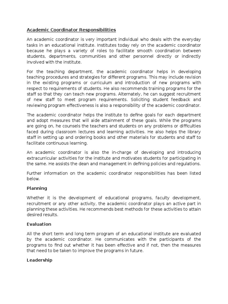 Academic Coordinator Responsibilities | PDF | Recruitment | Leadership
