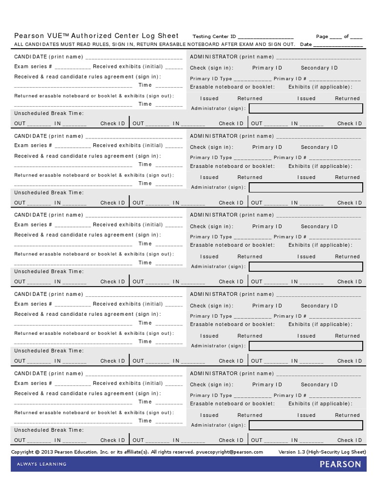 PVUE Authorized Center Log Sheet High Security A4 | Intellectual Works ...