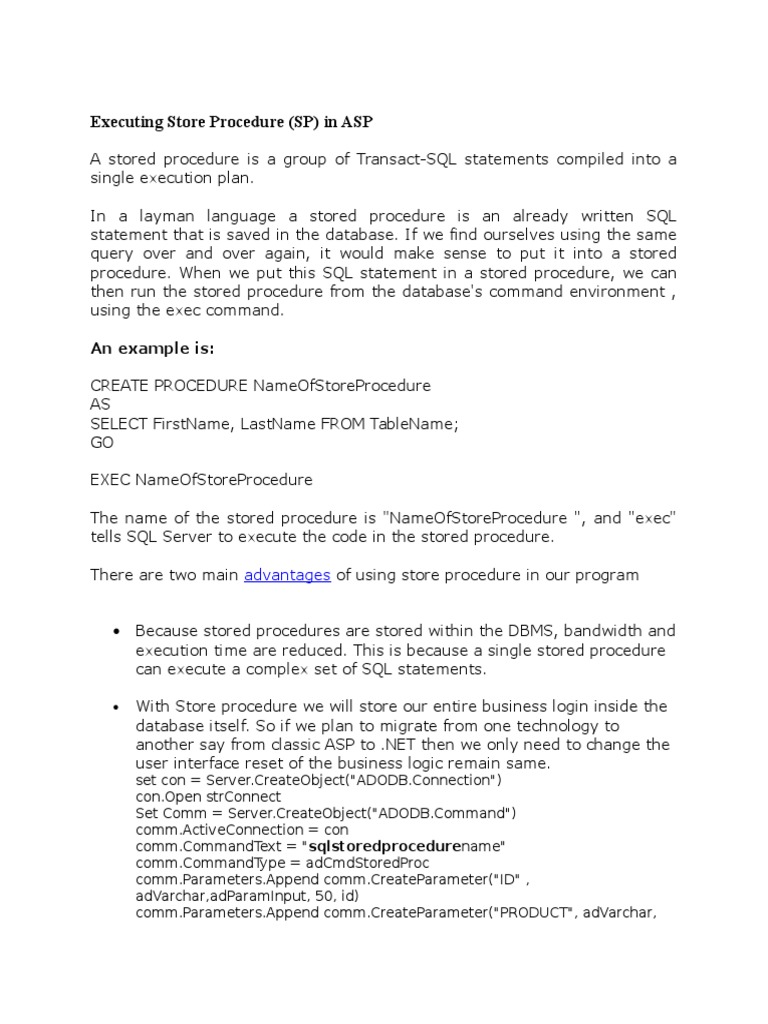 Executing Store Procedure (SP) in ASP: An Example Is | PDF Executing Store Procedure (SP) in ASP: An Example Is | PDF