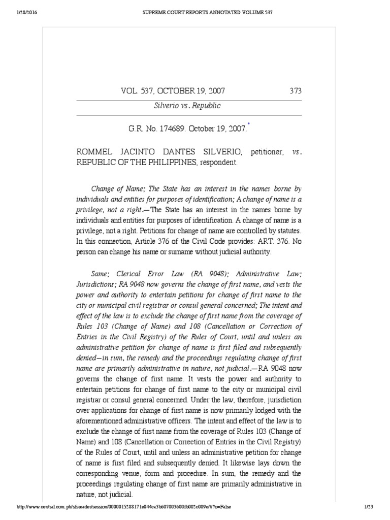 VOL. 537, OCTOBER 19, 2007 373: Silverio vs. Republic | PDF | Legal ...