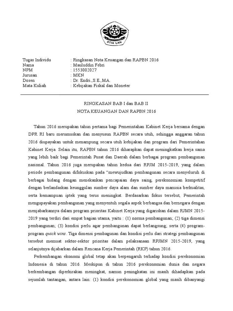 Ringkasan Nota Keuangan Dan RAPBN 2016 | PDF