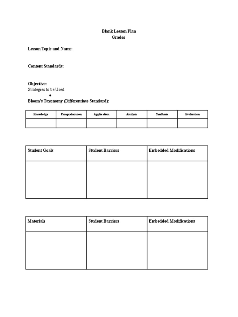 Blank Lesson Plan Grades Lesson Topic and Name:: Strategies To Be Used ...