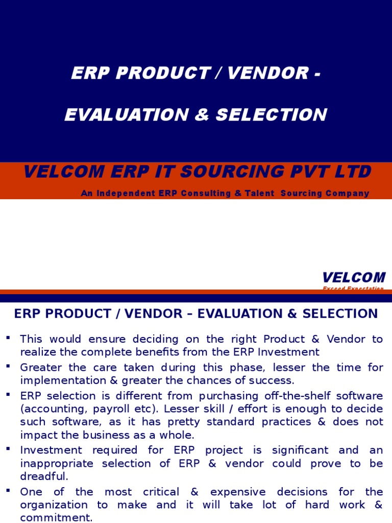 Erp Product / Vendor - Evaluation & Selection: Velcom Erp It Sourcing PVT LTD | PDF