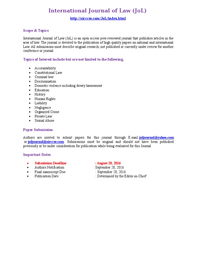 International Journal of Law (Jol) : Scope & Topics | PDF