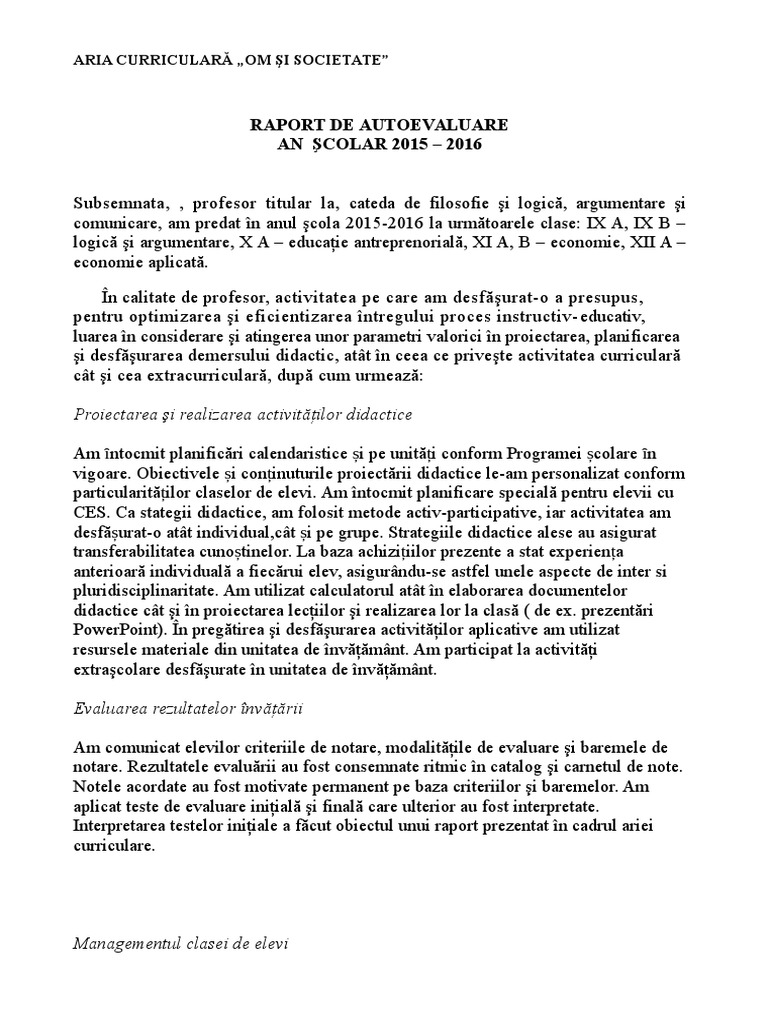 Raport de Autoevaluare 2016 Model