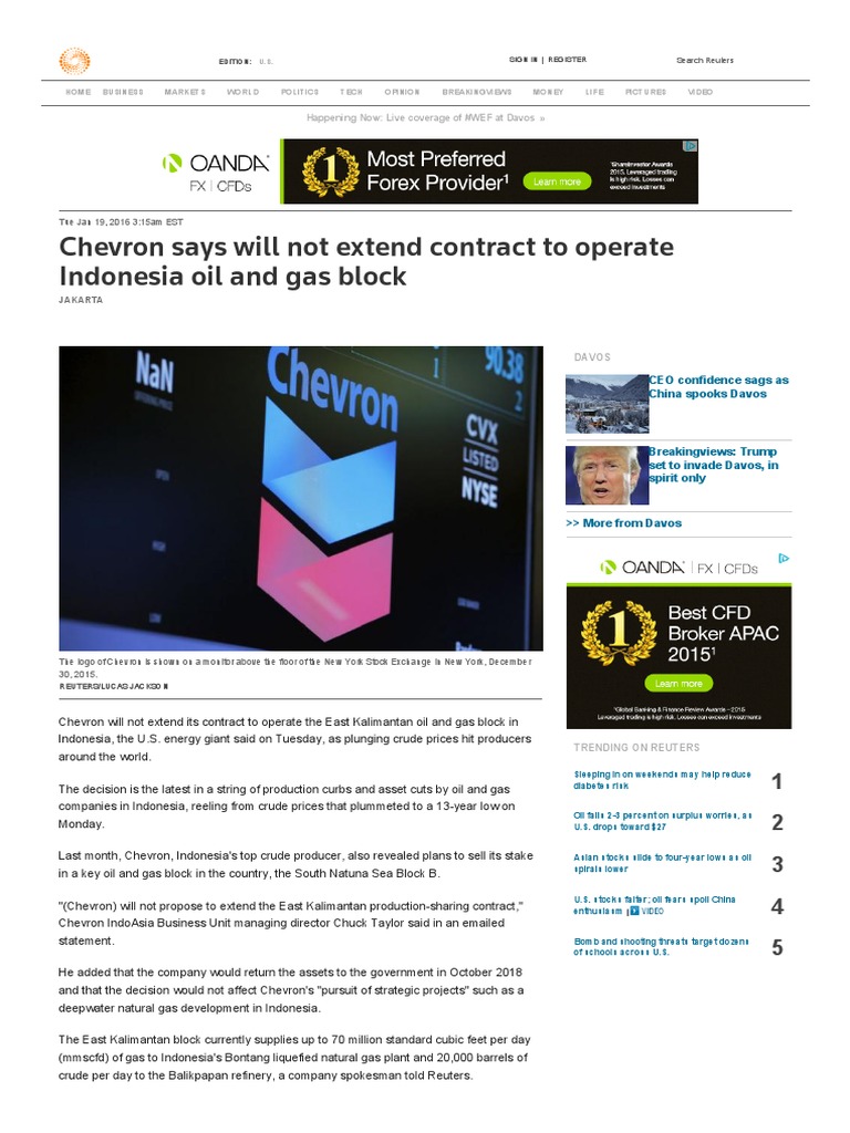 Chevron Says Will Not Extend Contract To Operate Indonesia Oil and Gas ...
