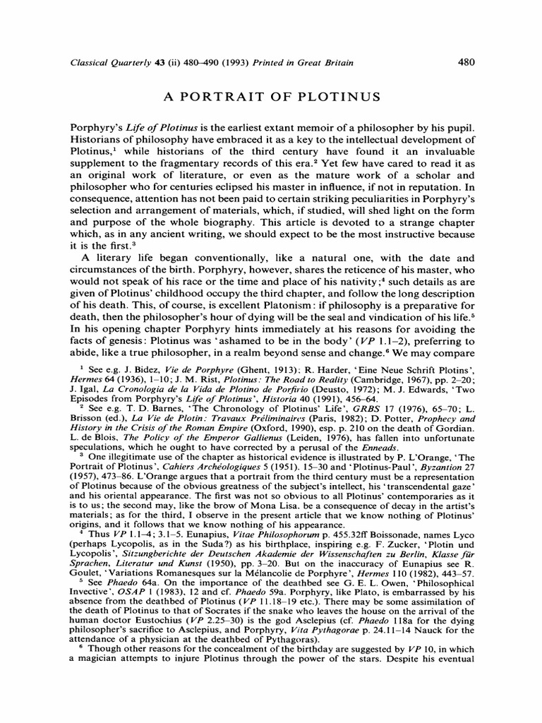 Edwards - 1993 - A Portrait of Plotinus | PDF | Nous | Platonism