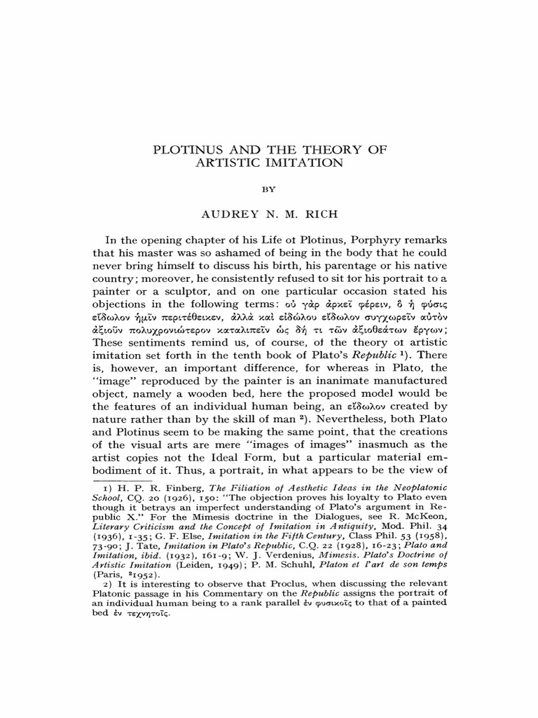 Rich - 1960 - Plotinus and The Theory of Artistic Imitation | PDF | Platonism | Neoplatonism