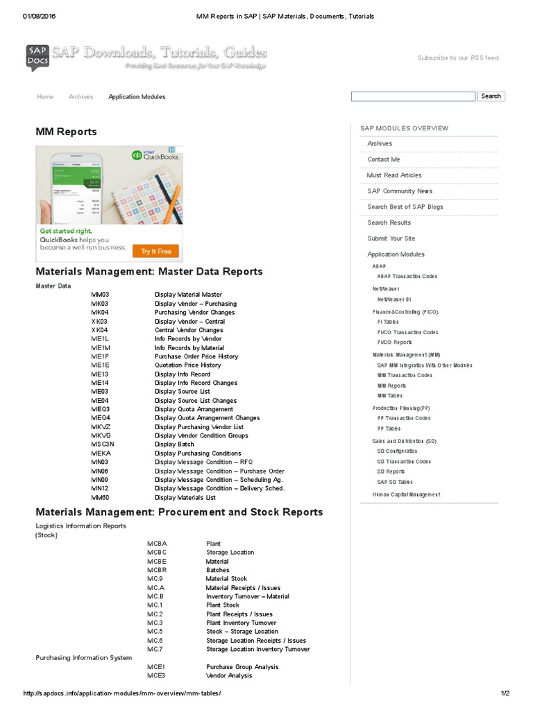 SAP MM Reporting Overview and Codes | PDF | Inventory | Business