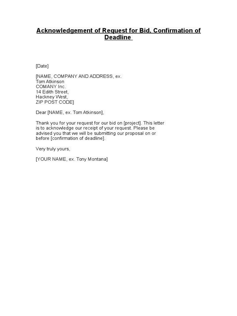 Acknowledgement of Request For Bid Confirmation of Deadline | PDF